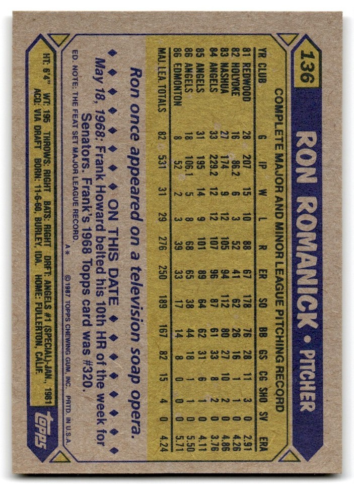 1987 Topps Baseball Card Ron Romanick California Angels #136 | eBay