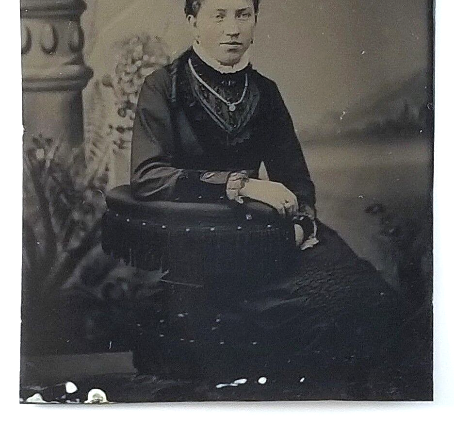 Tintype Photograph Finely Dressed Woman Painted Backdrop | eBay