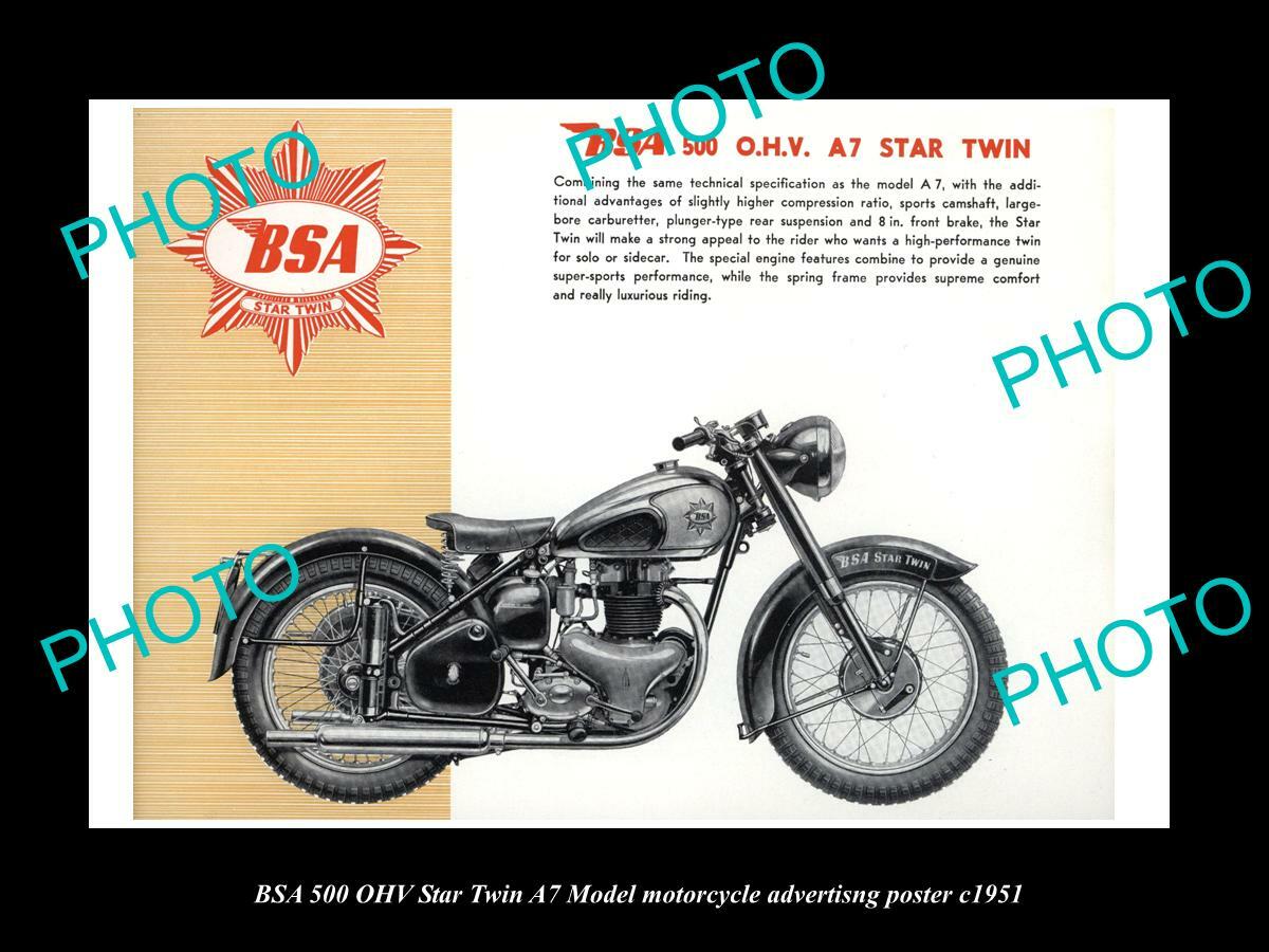OLD POSTCARD SIZE PHOTO OF BSA MOTORCYCLE STAR TWIN ADVERTISING POSTER ...