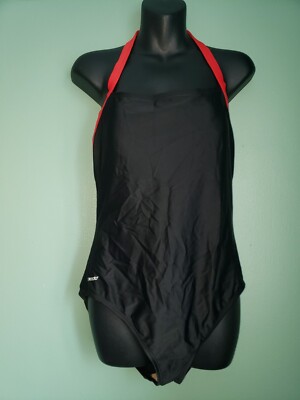 SPEEDO BLACK RED HALTER 1 PIECE MODEST SHELF BRA SWIMSUIT SIZE 14 | eBay