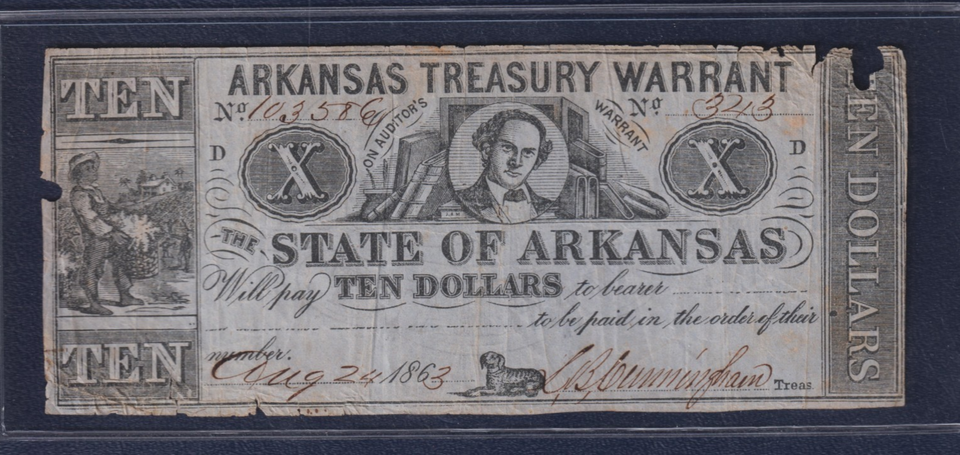1863 $10 Arkansas Treasury Warrant Paper Money Currency AR TEN Dollar ...