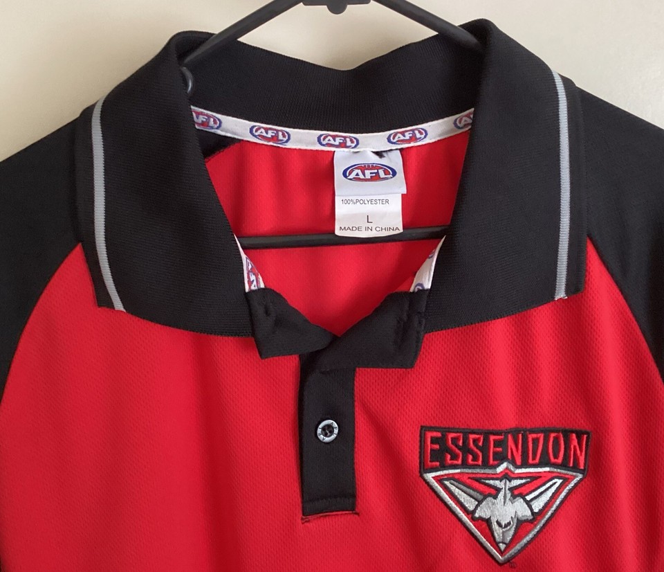 Essendon Bombers AFL Polo Top Mens Size Large Red Black Short Sleeve ...