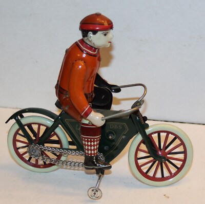Dusseldorfer man on bicycle wind up toy Made in Germany Tin Toy works 8 ...