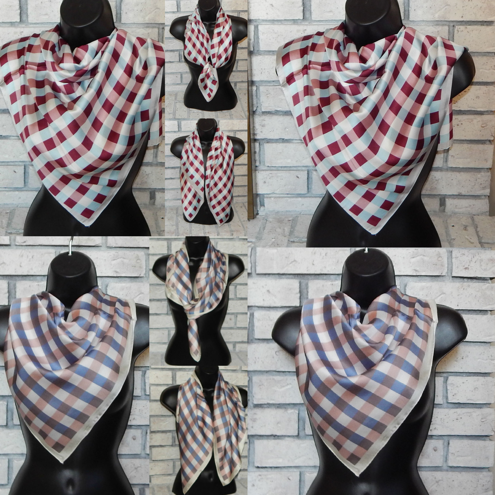 LOT OF 2 BURGUNDY/PINK & NAVY/CREAM CHECKERBOARD SILK FEEL SCARF 28 ...