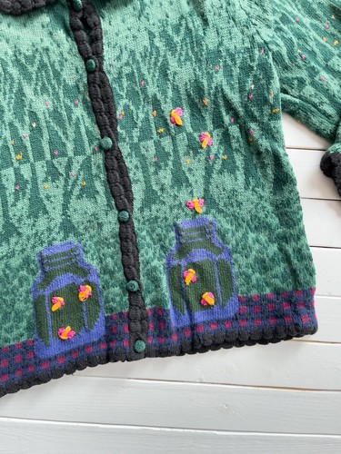 vtg Cullinane green firefly bug insect embroidered cardigan sweater | eBay