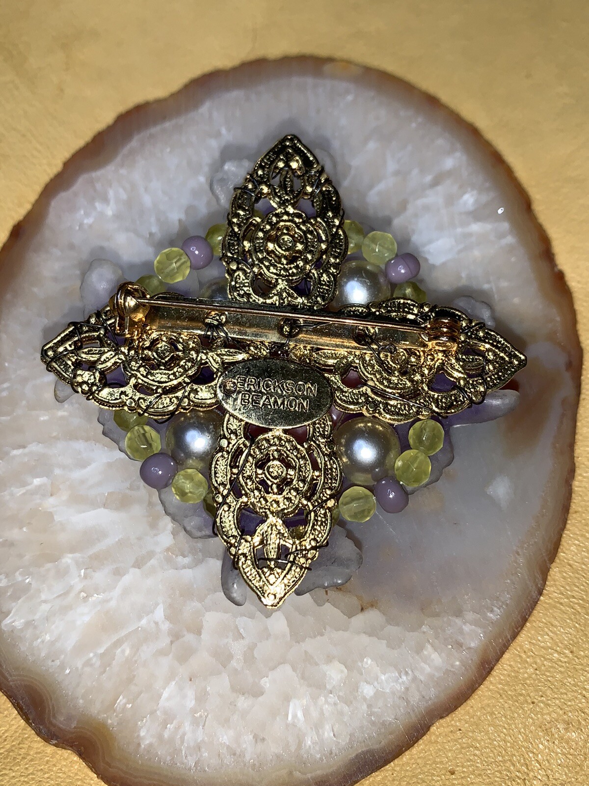 ERICKSON BEAMON VINTAGE BROOCH BRASS Carved Stone Pink Flower Purple ...