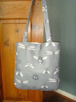 NEW IN GREY BUG BEE DRAGONFLY COTTON PRINT 14in Tote SHOULDER bag ...