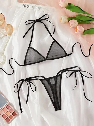 Black Sheer Mesh Extreme Micro Triangle Top & Thong G-String Bottom ...