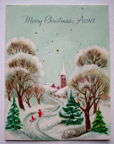 Child pulling sled to town glitter vintage Christmas Greeting Card ...