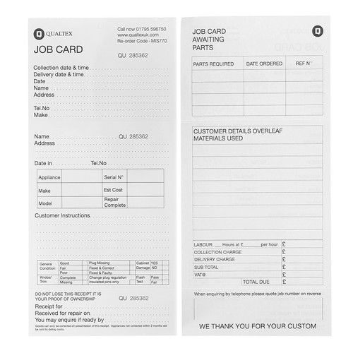 Engineer Job Card Works Record Sheet Pad Garage Workshop Service Repair ...