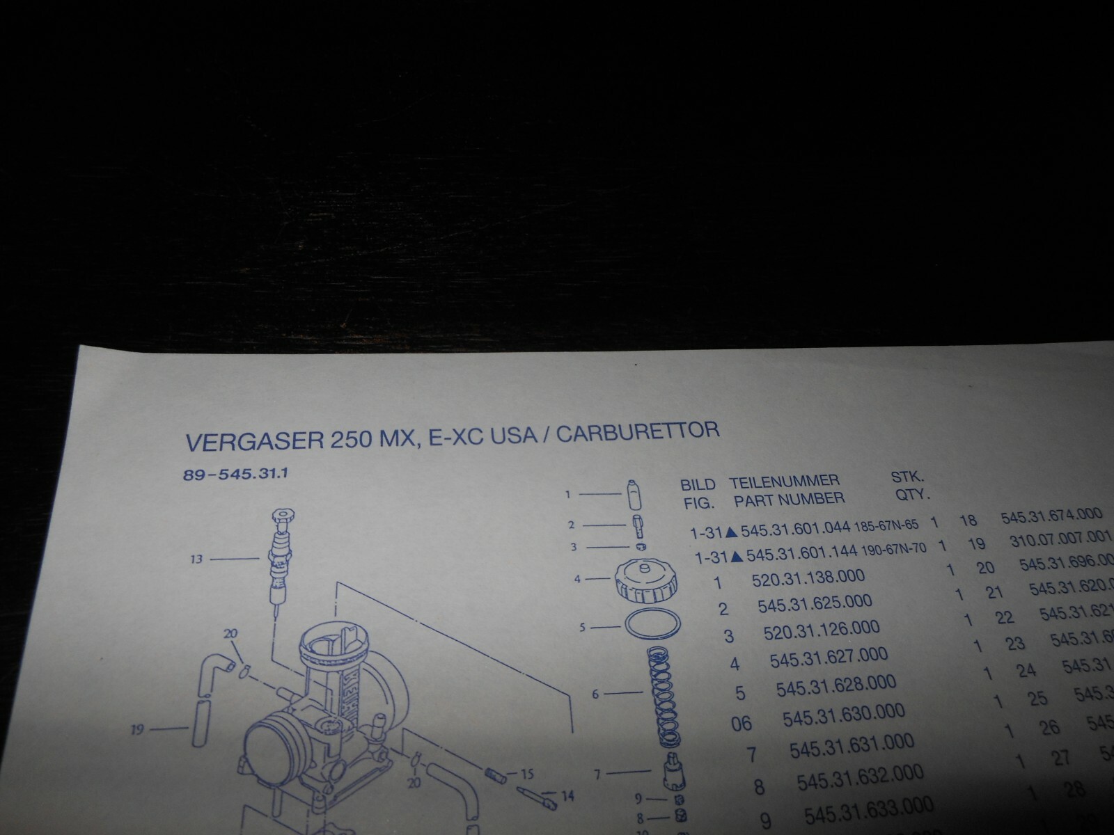 KTM Carburetor Exploded View Part List Vergaser 250 MX E-XC USA 89-545. ...