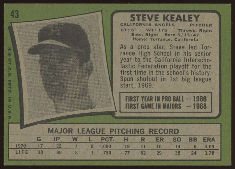1971 Topps Steve Kealey #43 California Angels NM Near Mint | eBay