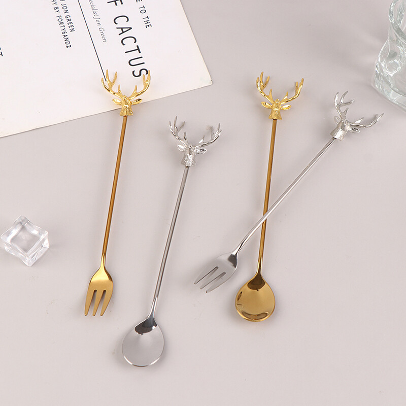 1Pc Elk Long Handle Coffee Fork Spoon Stainless Steel Ice Cream Dessert ...