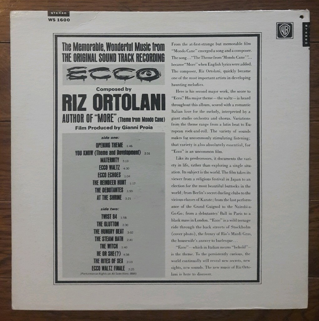 ECCO Soundtrack LP Film Score RIZ ORTOLANI Warner Records original 1965 ...