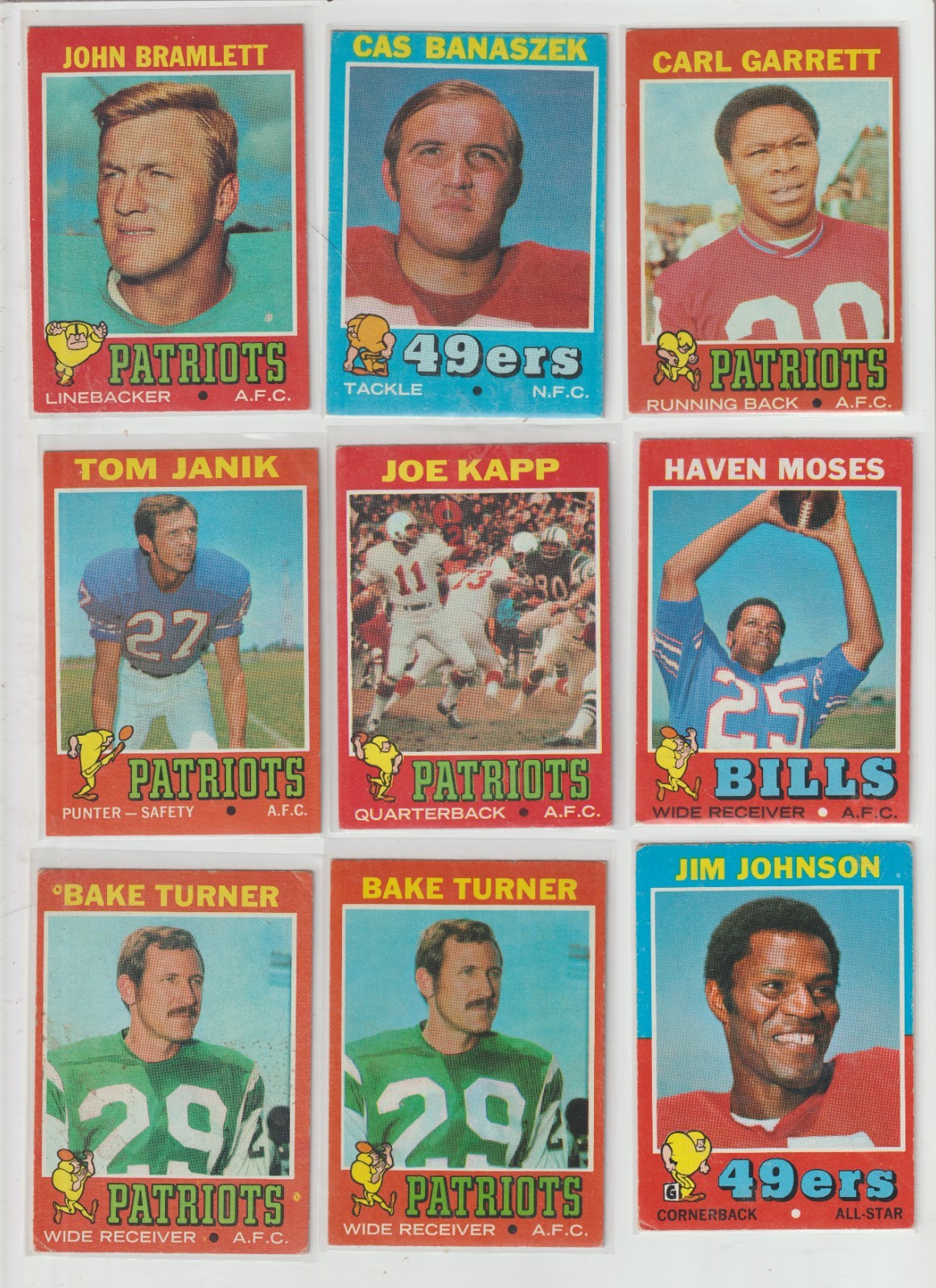 JY-9-CARD 1971 TOPPS FOOTBALL KAPP. MOSES, JANIK, TURNER, GARRETT ...