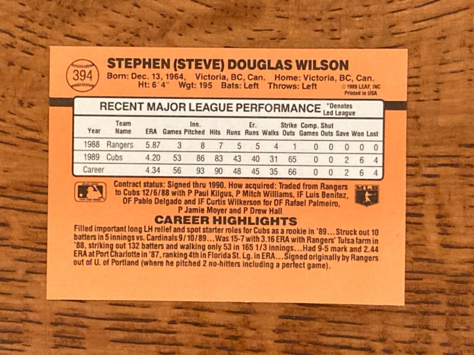 Donruss 1990 Baseball Card - Steve Wilson #394 Cubs - Error | eBay