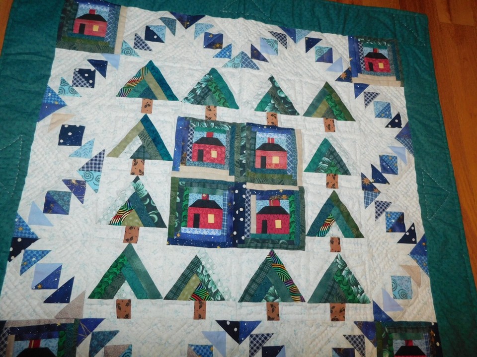 Log Cabin Sampler Quilt Handmade Pieced Flying Geese Wall Hanging 29 x ...