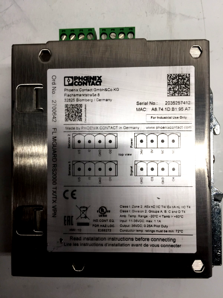 PHOENIX CONTACT FL MGUARD RS2000 TX/TX VPN 2700642 MAC A8.74 1D B1.95 ...