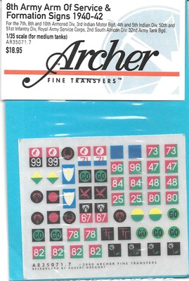 Archer British 8th Army Arm Of Service Formation Tank Transfer Decals ...