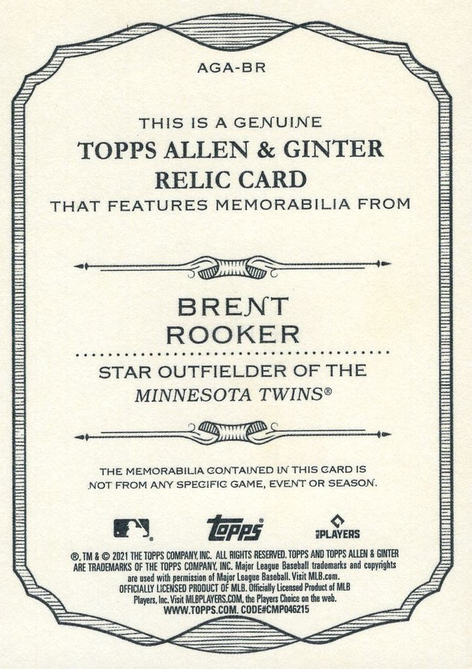 2021 Topps Allen and Ginter Relics #AGABR Brent Rooker - NM-MT | eBay
