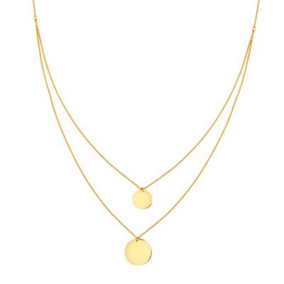 14K Solid Yellow Gold Double Layer Disc Disk Strand BIB Necklace 16"-18 ...