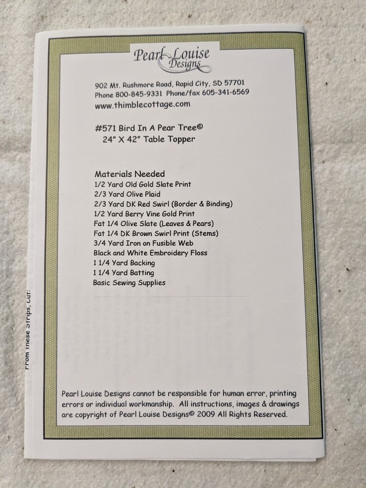 Bird In A Pear Tree Table Topper Applique Quilt Pattern By Pearl Louise ...