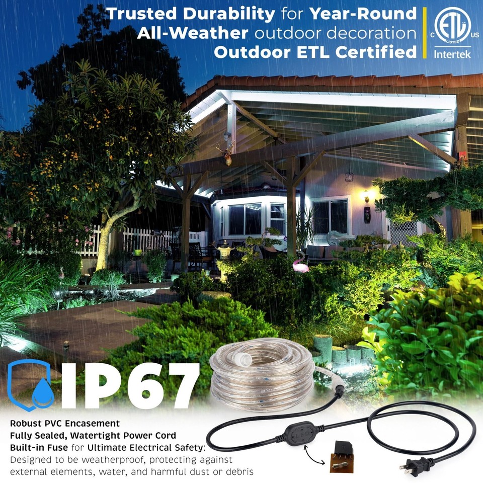 LED Rope Light 10/20/25/50/100/150ft Outdoor Tree Waterproof Holiday ...