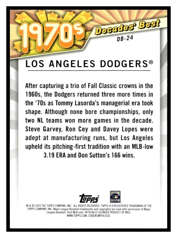2020 Topps Decade's Best 24 Los Angeles Dodgers 1970's Tommy Lasorda ...