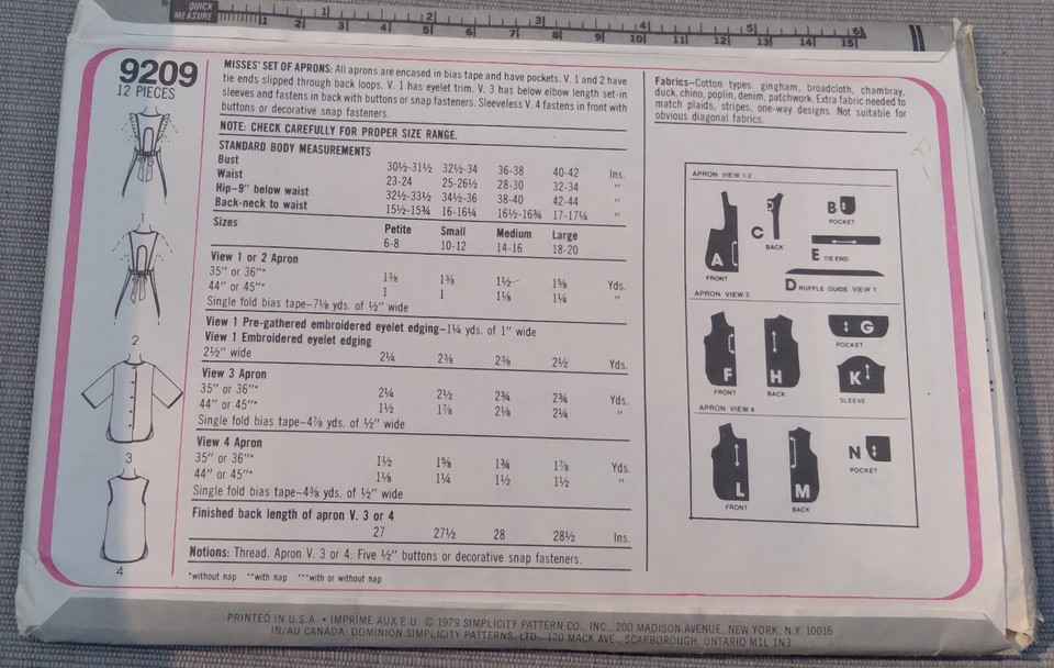 VTG 1979 SIMPLICITY SEWING PATTERN 9209 SET ONE-PIECE BIB APRONS SZ 6-8 ...