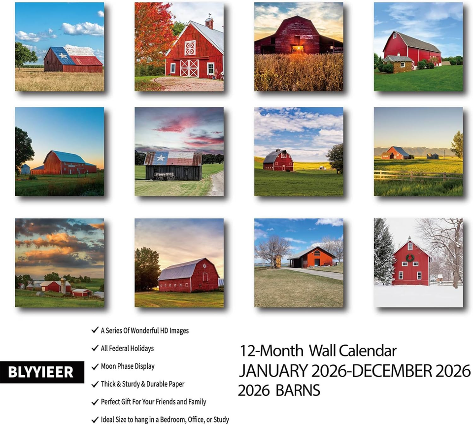 2026 Wall Calendar Barns | 12 Monthly Hangable Barns Calendars | 12" x ...