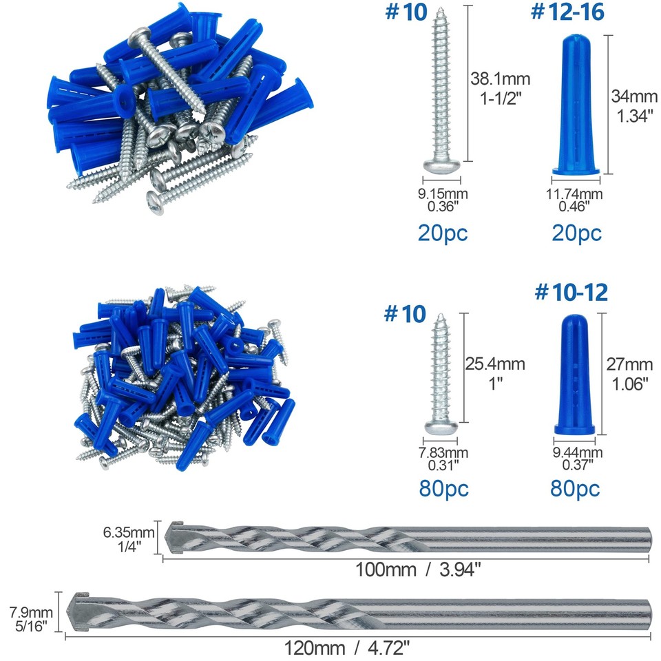 KURUI Wall Anchors and Screws Assortment Kit With Concrete Drill Bit ...