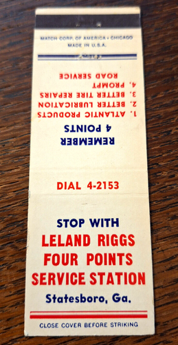 Vintage Matchbook: Leland Riggs Four Points Atlantic Gas Station ...