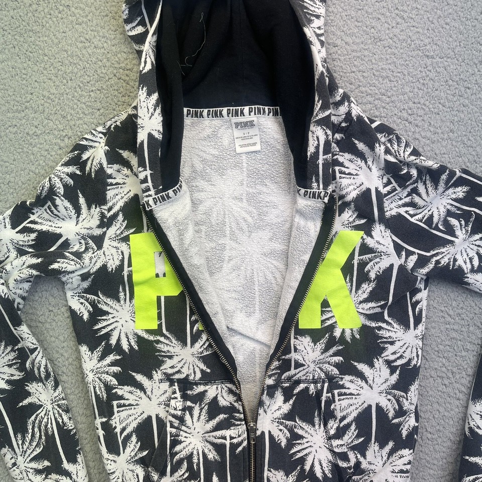 Victoria's Secret Pink Women's Black White Zip Up Hoodie S/P Palm Tree ...
