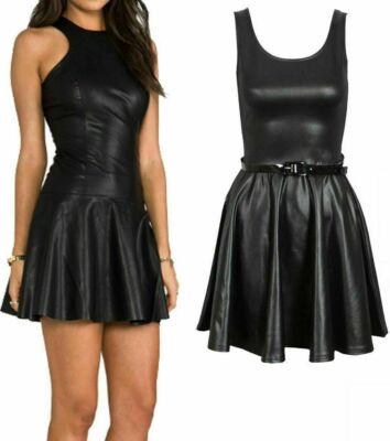 New Ladies PVC Wet Look Plus Belted Flared Celebrity Sexy Skater Dress ...