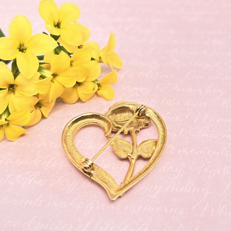 Vintage RDC Brushed Glossy Gold Tone Rose Heart 1 3/4” Brooch Pin 4859 | eBay