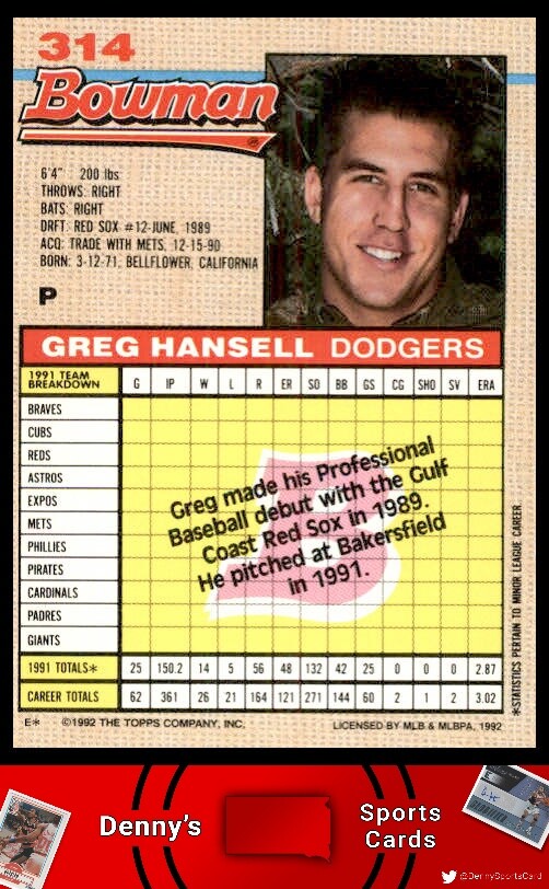 1992 Bowman #314 Greg Hansell Los Angeles Dodgers Baseball Card | eBay