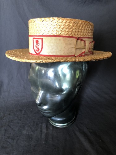 Antique Straw Boater Hat Red Cream Ribbon by Red Seal | eBay
