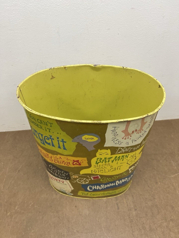 Vintage Metal Trash Can Cheinco waste bin Hippie POP CULTURE protest ...