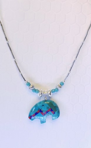 Handcrafted in USA; Turquoise Inlay Bear Pendant Necklace w/ Liquid ...