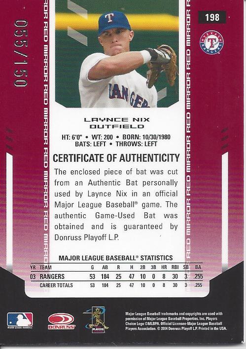2004 Leaf Certified Materials Mirror Red Bat Laynce NIx 198 Rangers 055 ...