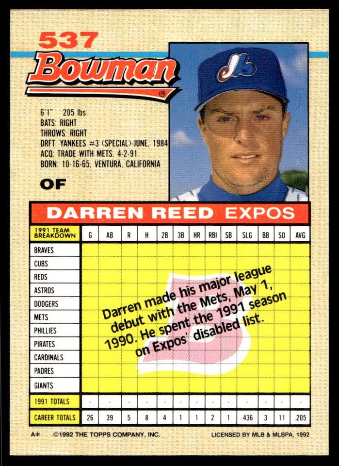 1992 Bowman 537 Darren Reed Montreal Expos Baseball Card | eBay