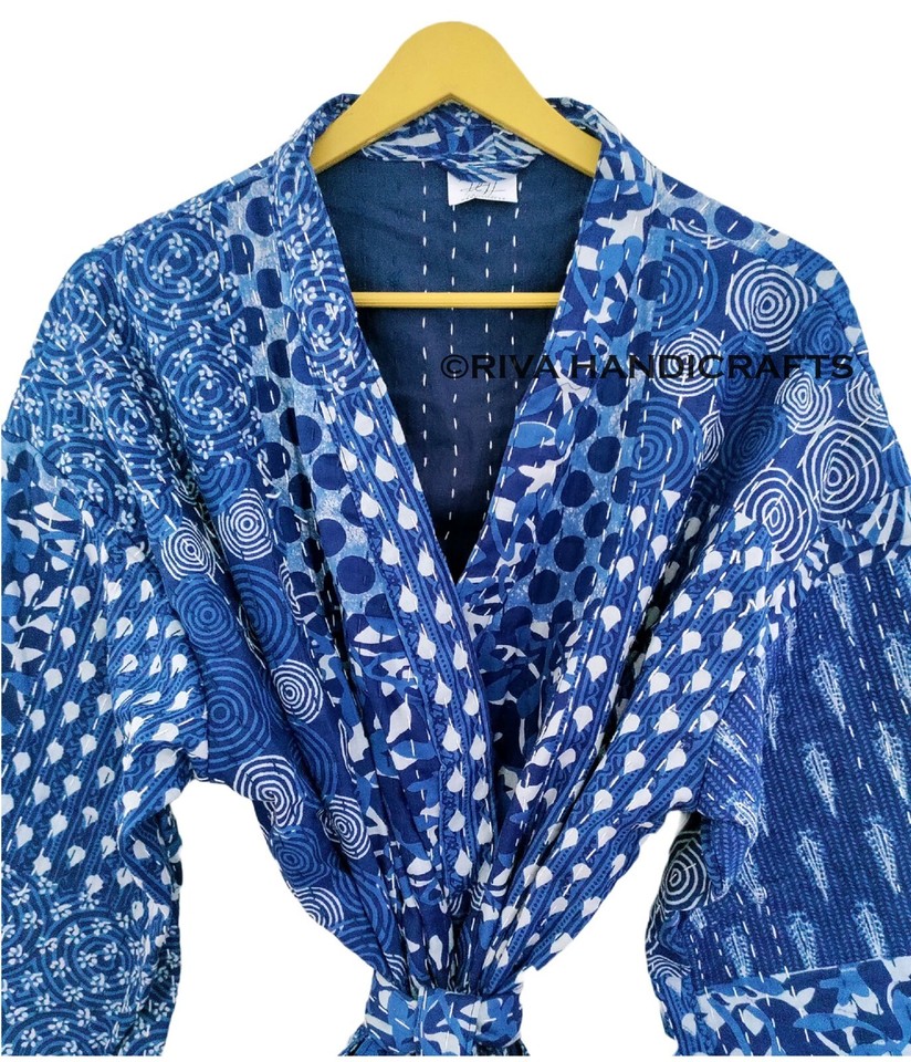 Indian Indigo Print Kantha Quilted Handmade Blue Boho Winter Mid-Length ...