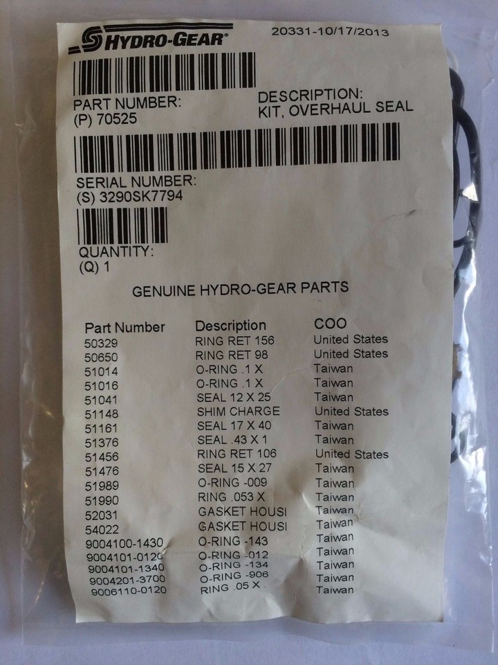 New Genuine OEM Hydro Gear 70525 Pump Overhaul Seal Kit Seals Gaskets ...