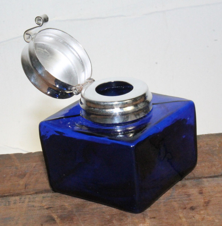 Vintage Antique Style Square Cobalt Blue Glass Inkwell Bottle ink | eBay