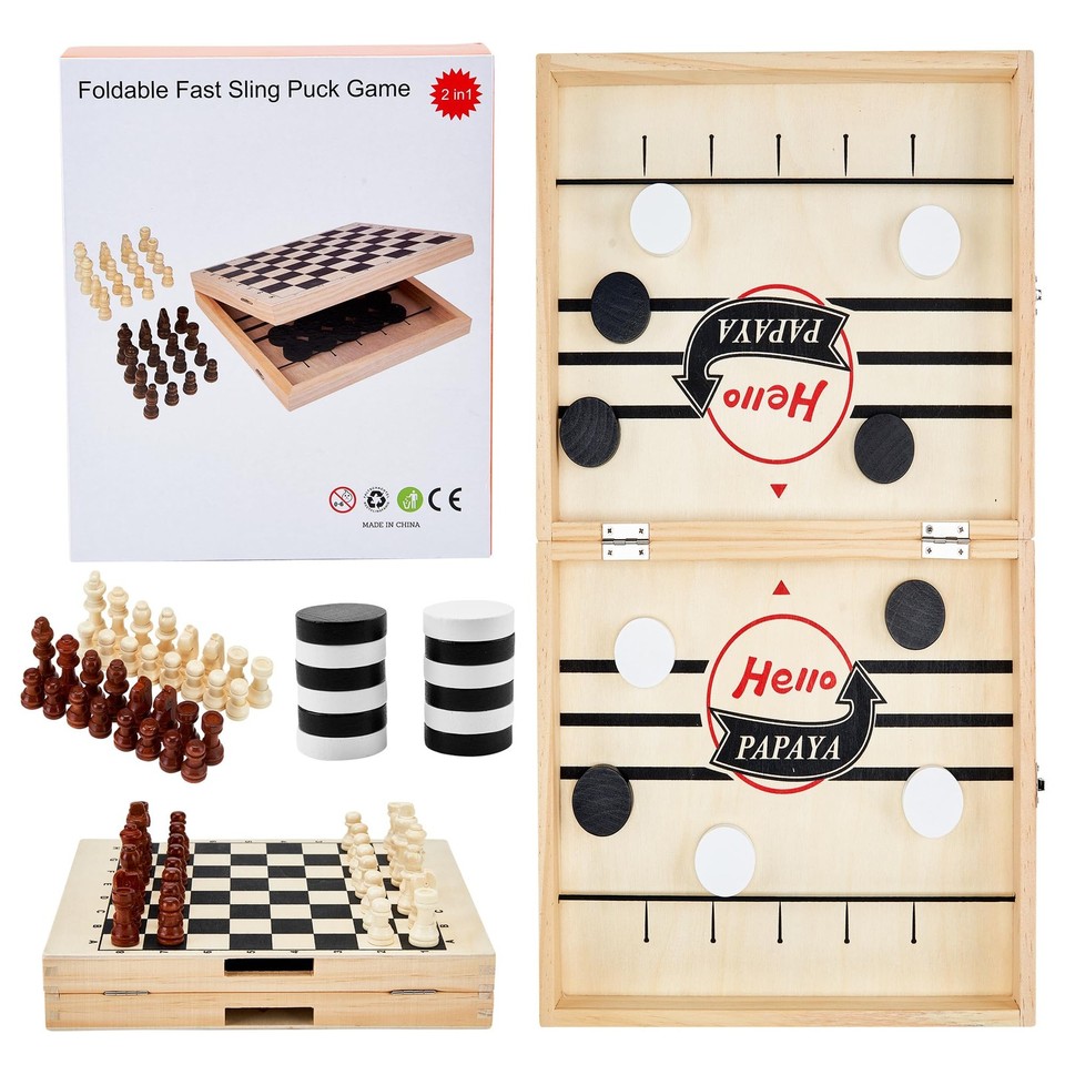 Foldable Fast Sling Puck Game with Chess Board and Checkers Board, Tic ...