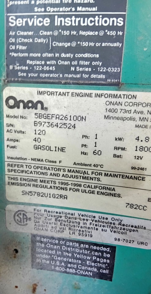 onan emrald 5000 genset 4.8kw rv generator | eBay