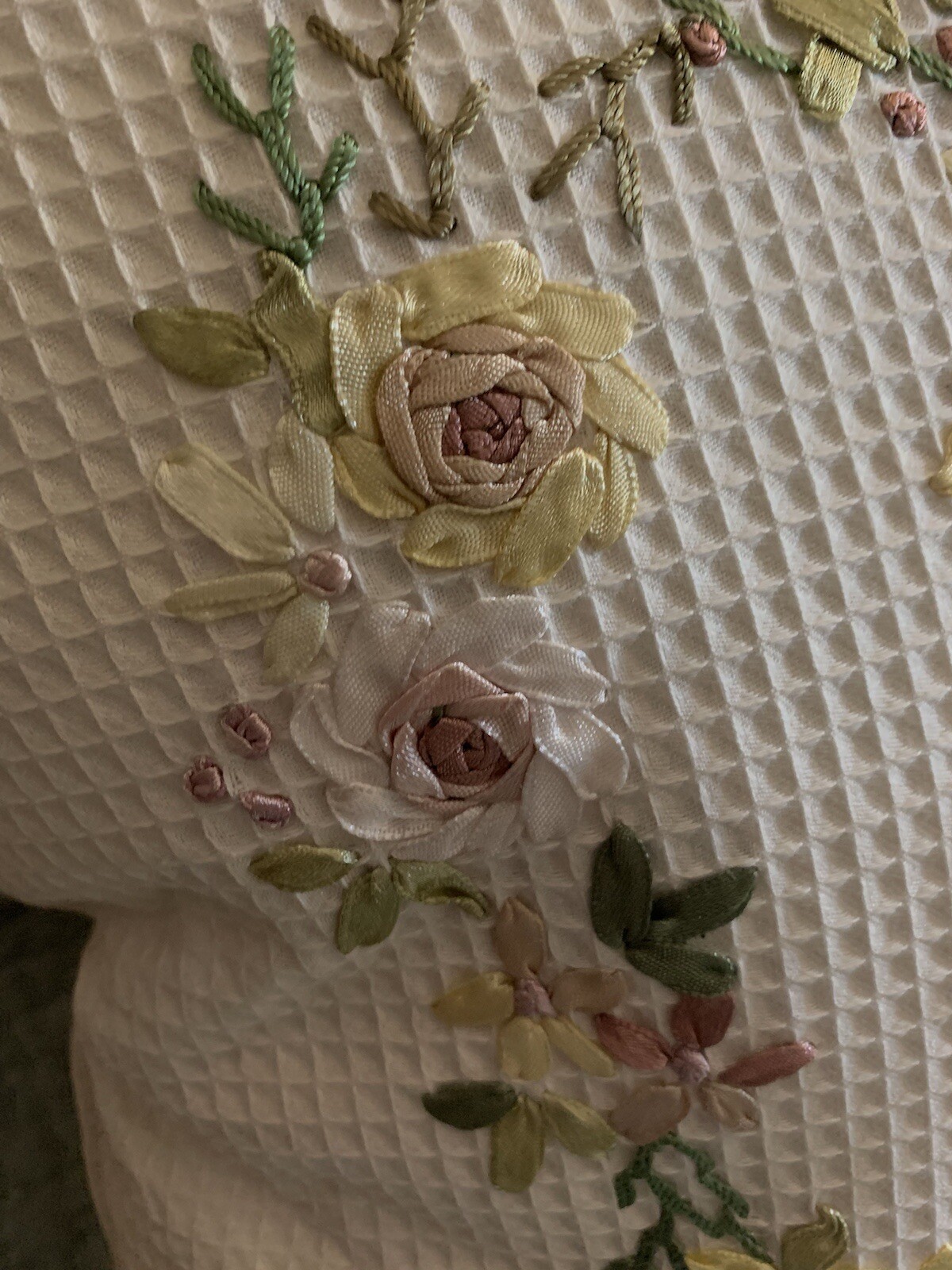 Woven Textured Cream Pillow Embroidered Ribbon Pastel Floral Pattern ...