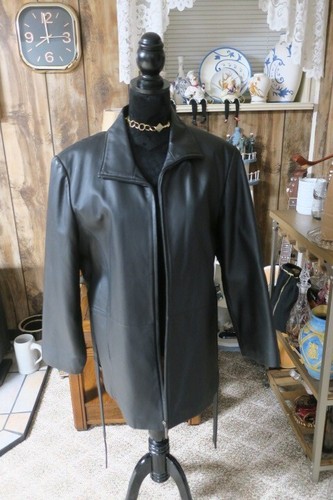 Outbrook Woman Size 1X Black 100%Leather Jacket Belt Mid length pockets ...