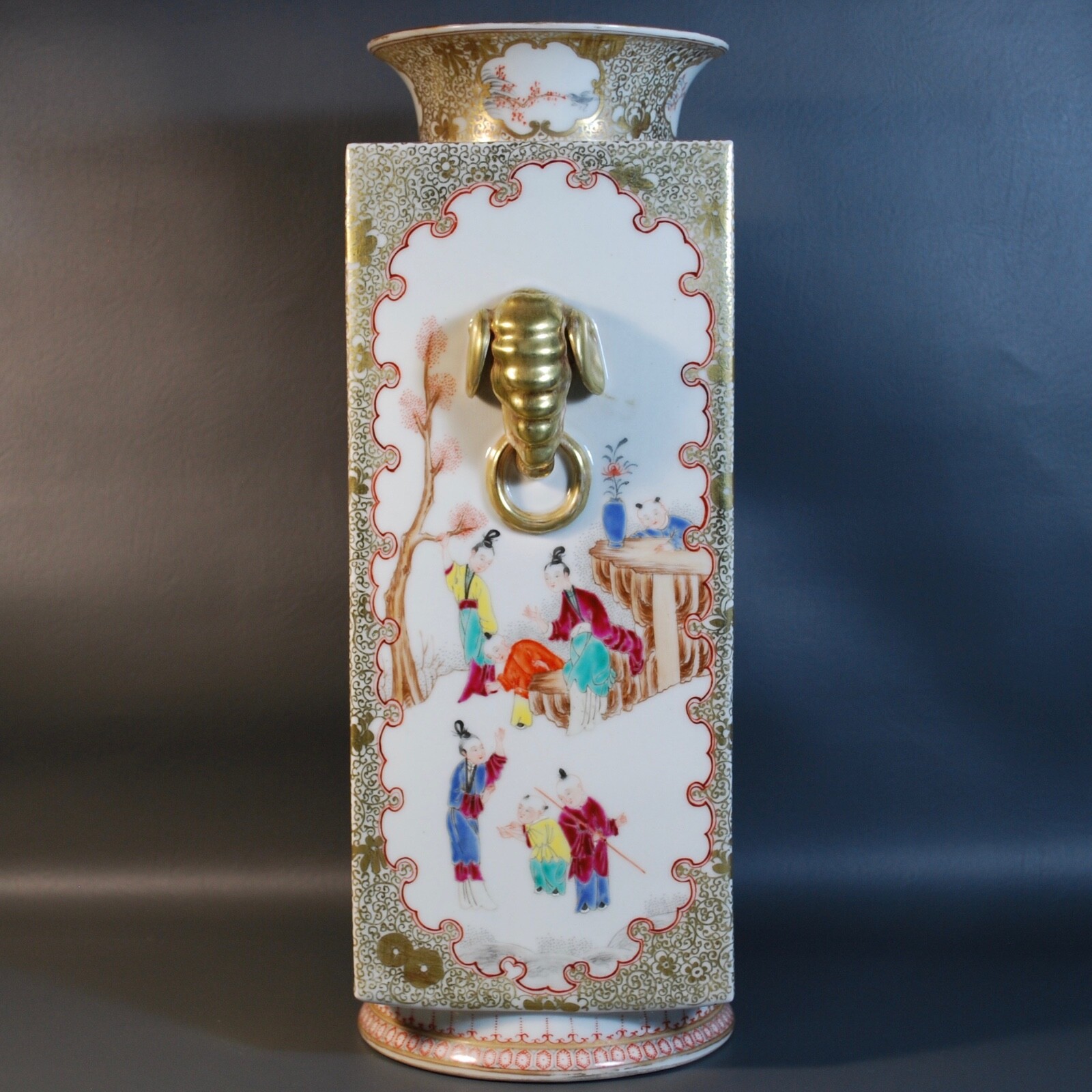 Estate Chinese Square Cong Vase with Gold Gilt Elephant Ears Handles ...