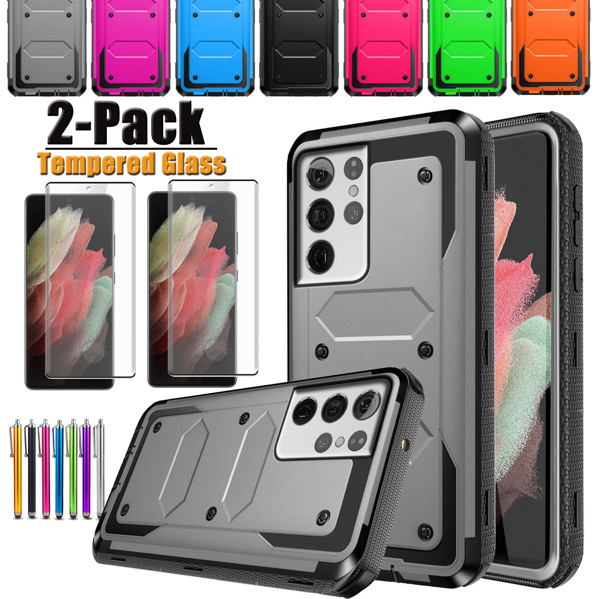 Hybrid Rugged Hard Protective Phone Case Cover + Tempered Glass Screen ...